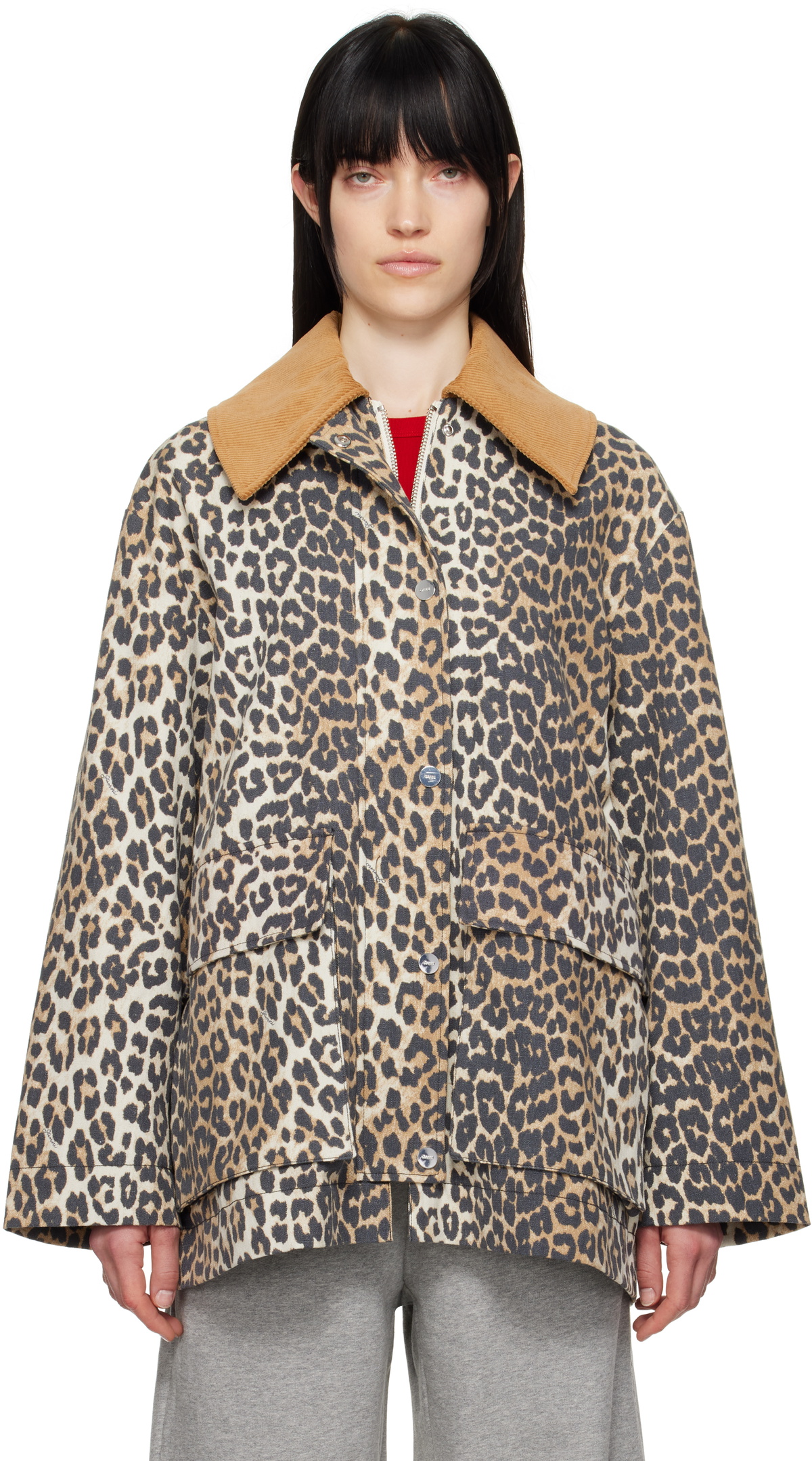 GANNI Brown Leopard Printed Canvas Midi Jacket GANNI
