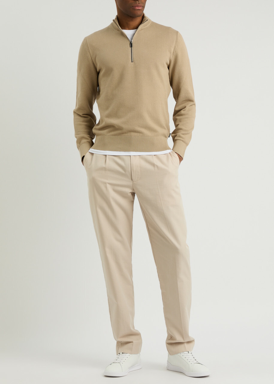 Boss Textured Half-zip Cotton Jumper Beige BOSS