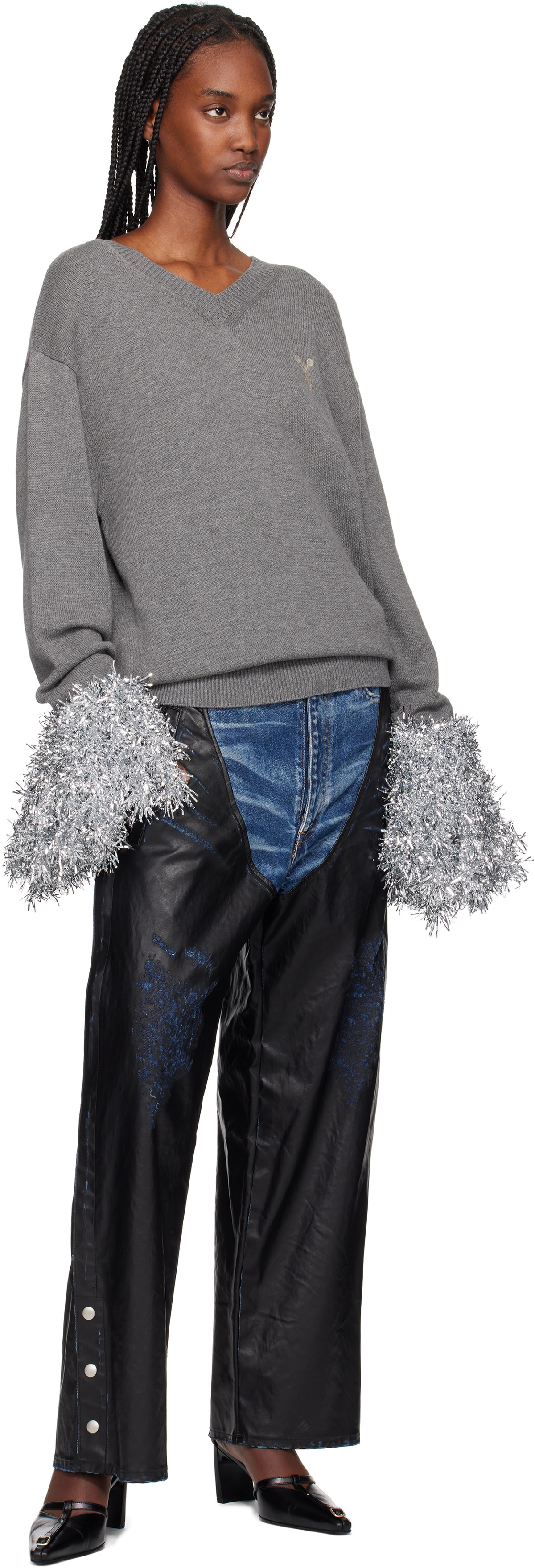 doublet Blue & Black Faux-Leather Coating Chaps Jeans Doublet