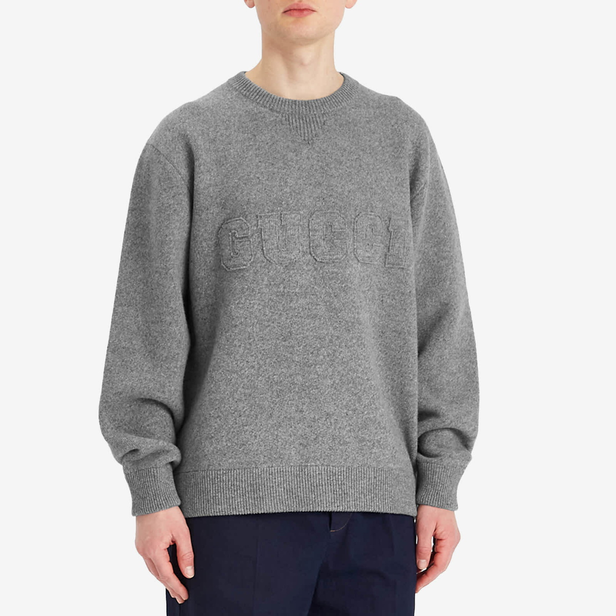 Gucci Men's Logo Embossed Wool Crew Neck Knit in Medium Grey Gucci