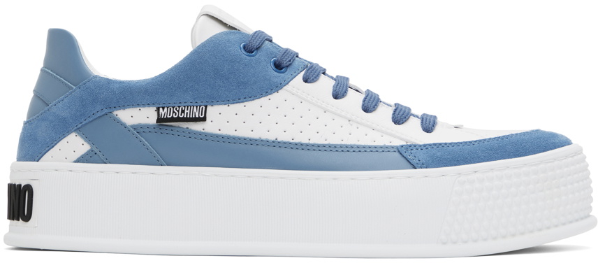 Moschino White & Blue Bumps & Stripes Sneakers Moschino