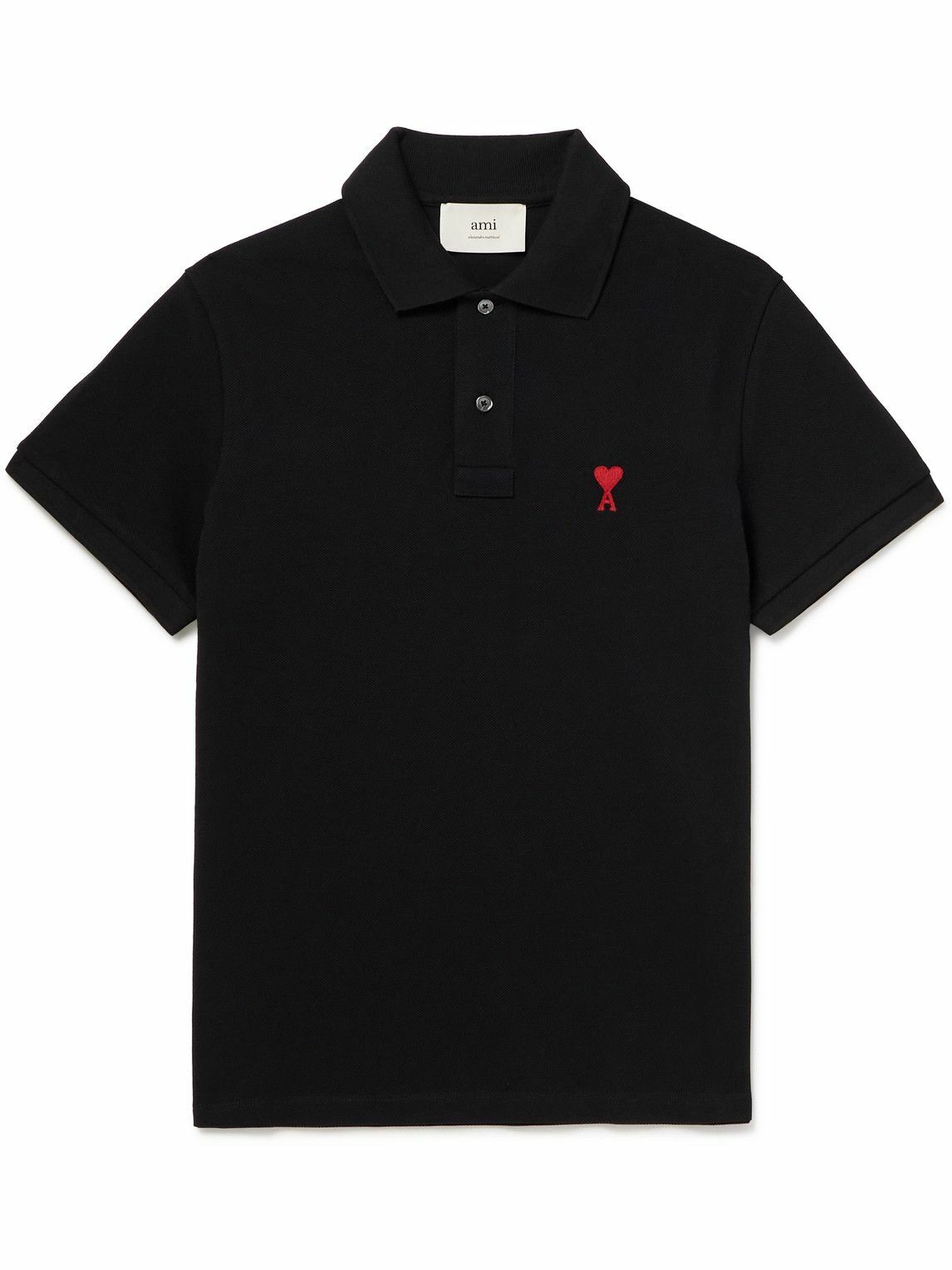 AMI PARIS - Logo-Embroidered Organic Cotton-Piqué Polo Shirt - Black AMI