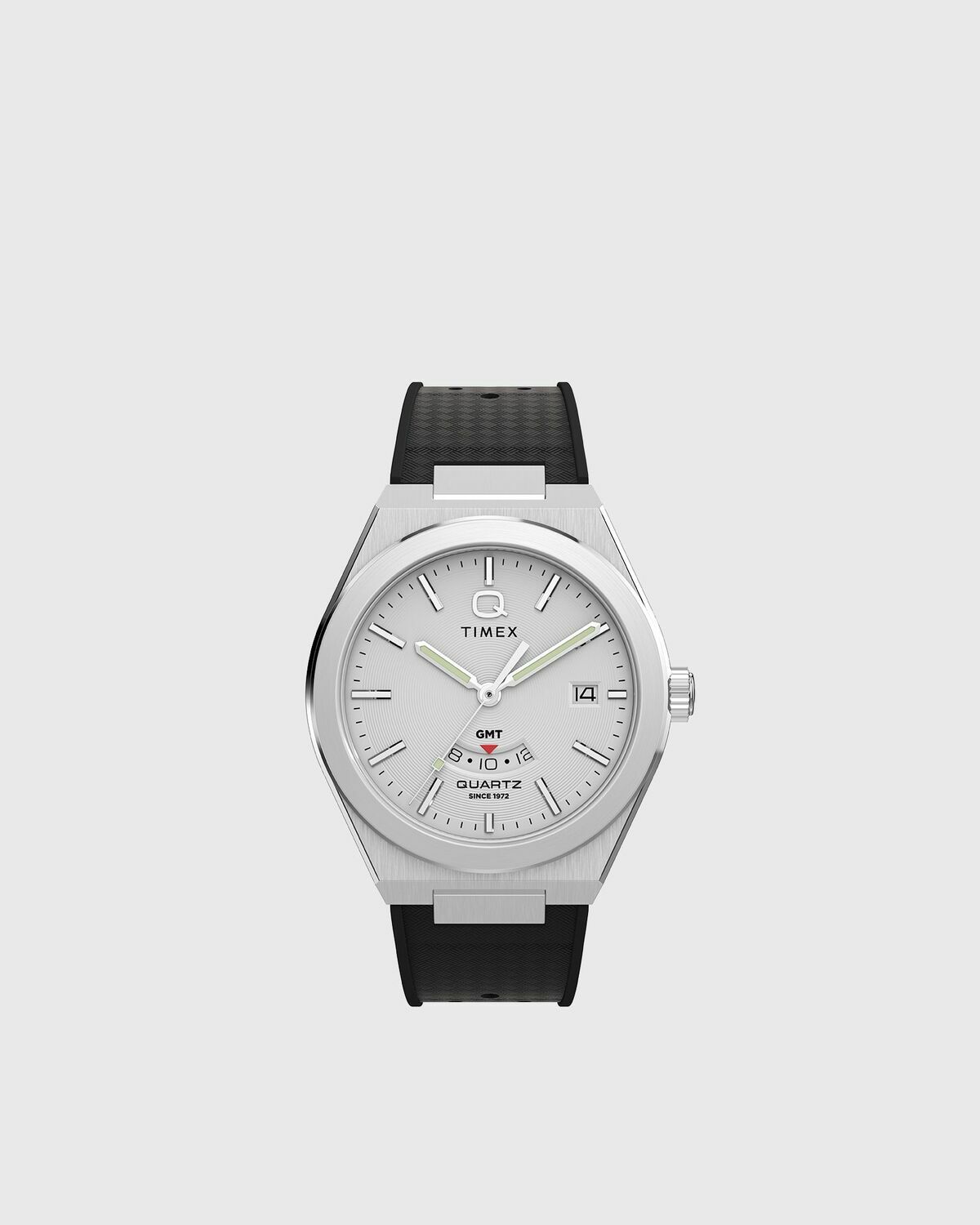 Timex Q - Timex GMT Silver Tone wth Black Rubber Strap 39mm case black ...