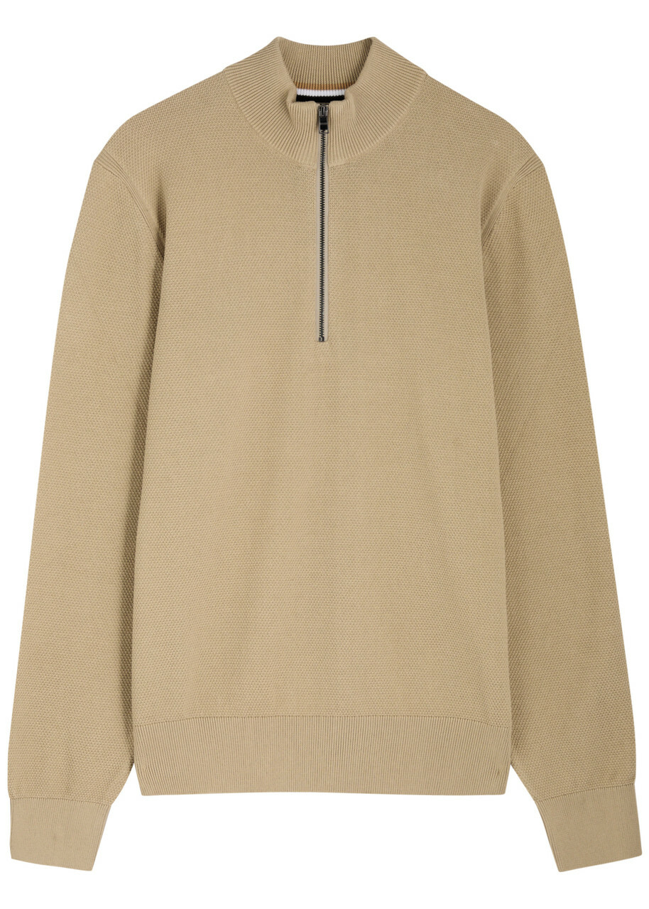 Boss Textured Half-zip Cotton Jumper Beige BOSS