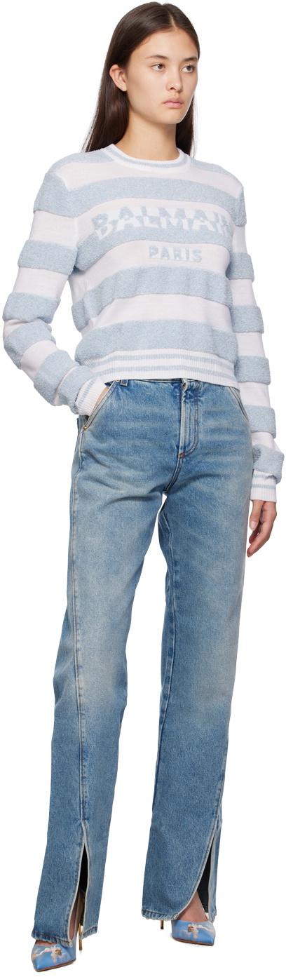 Balmain White & Blue Striped Sweater Balmain