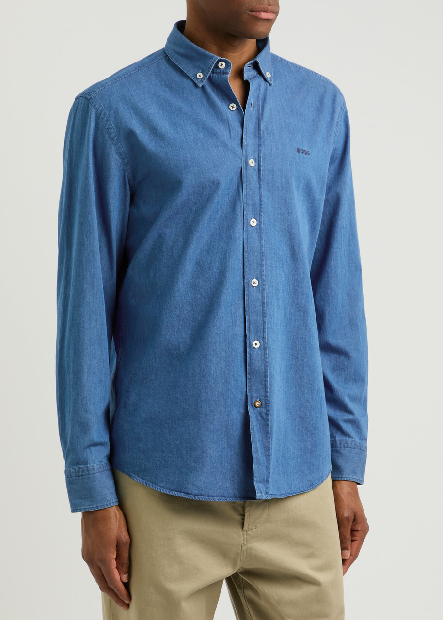 Boss Logo-embroidered Chambray Shirt Blue BOSS