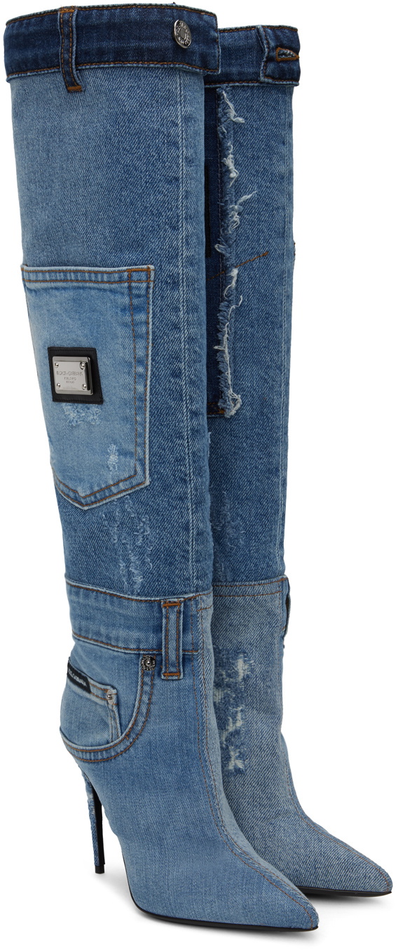 Dolce & Gabbana Blue Patchwork Boots Dolce & Gabbana
