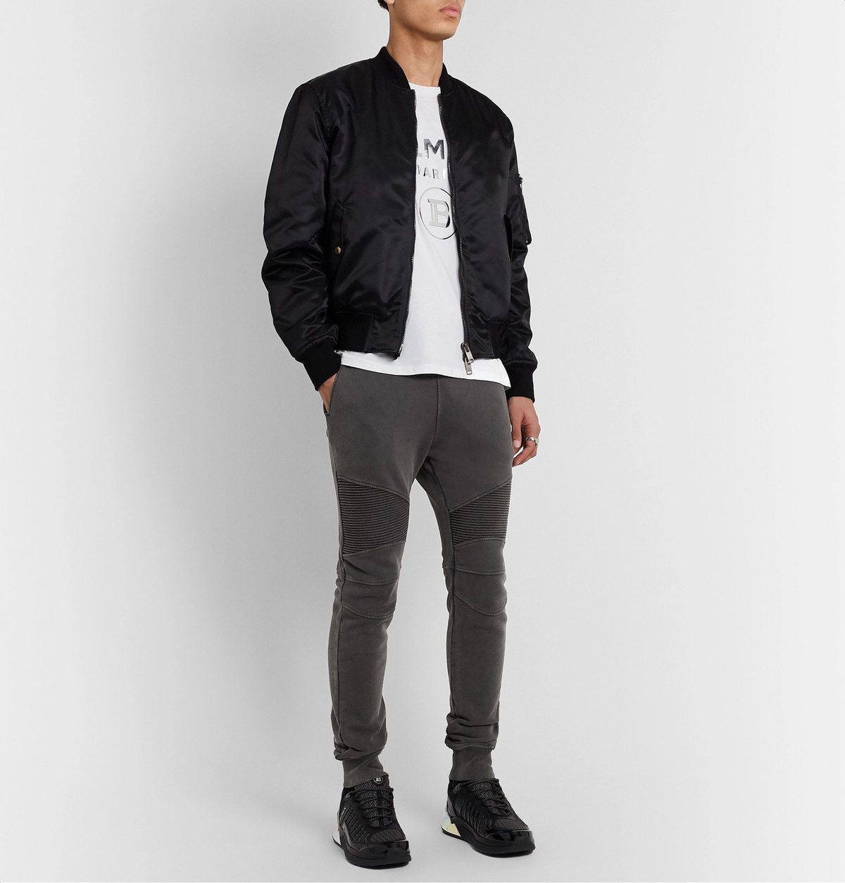Balmain - Slim-Fit Panelled Loopback Cotton-Blend Jersey Sweatpants ...