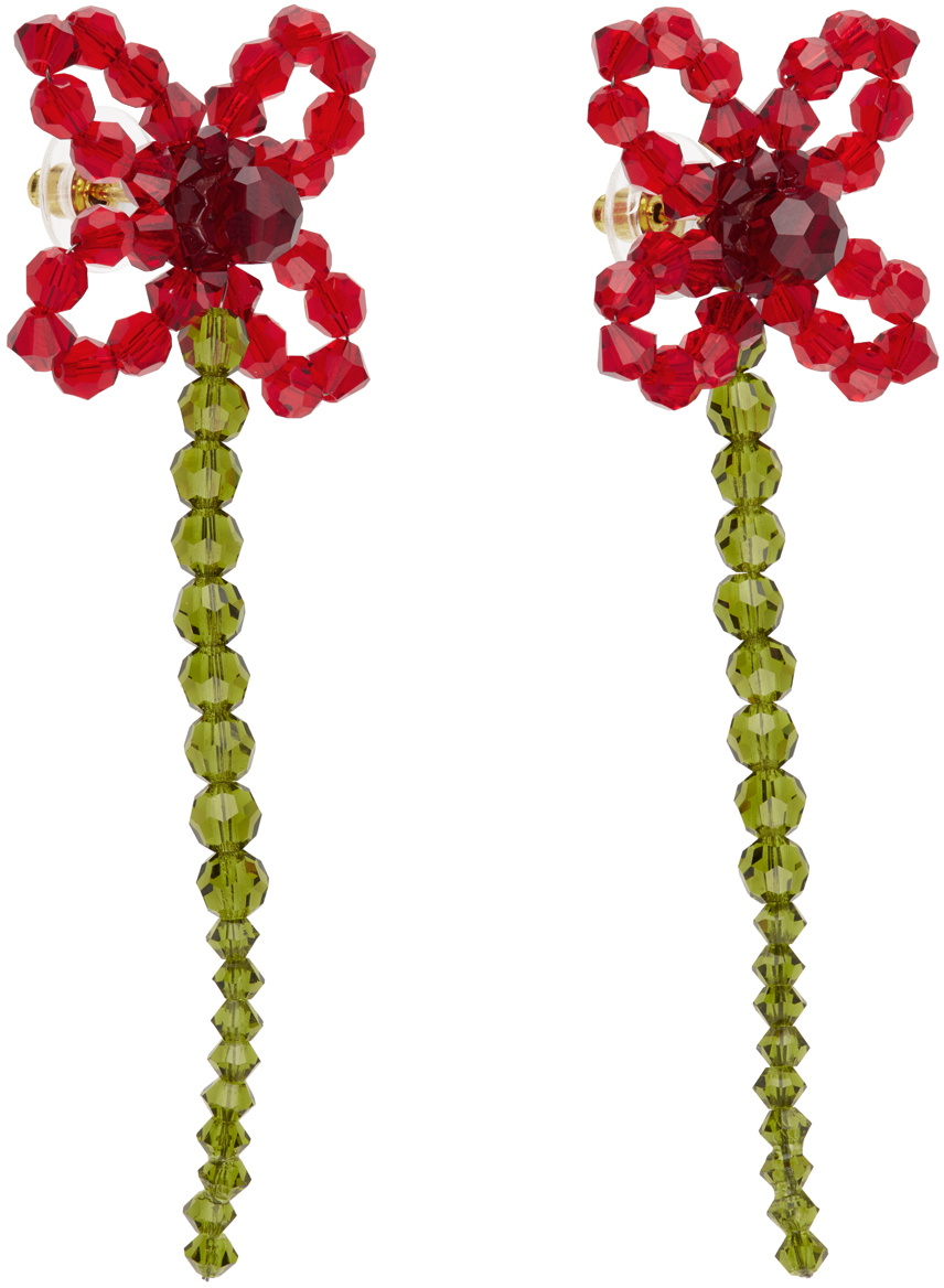 Simone Rocha Green & Red Crystal Flower Earrings Simone Rocha