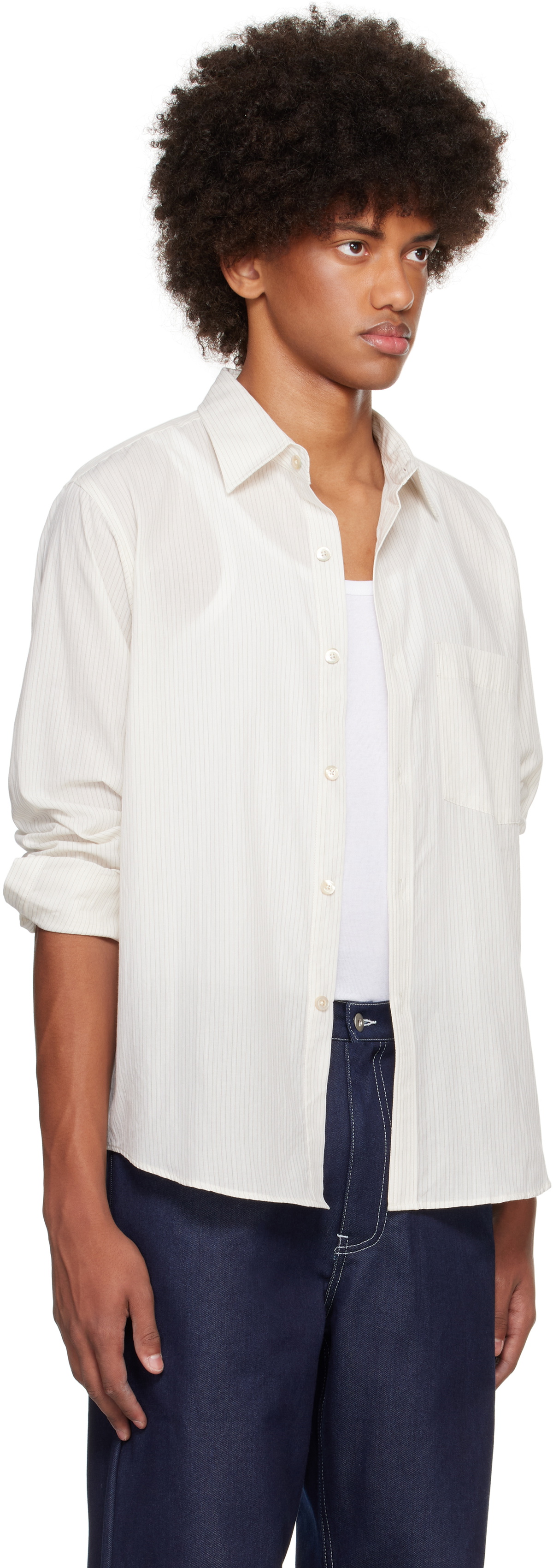 Small Talk Studio White Cotton Dobby Stripe Curved Hem Dress Shirt ...