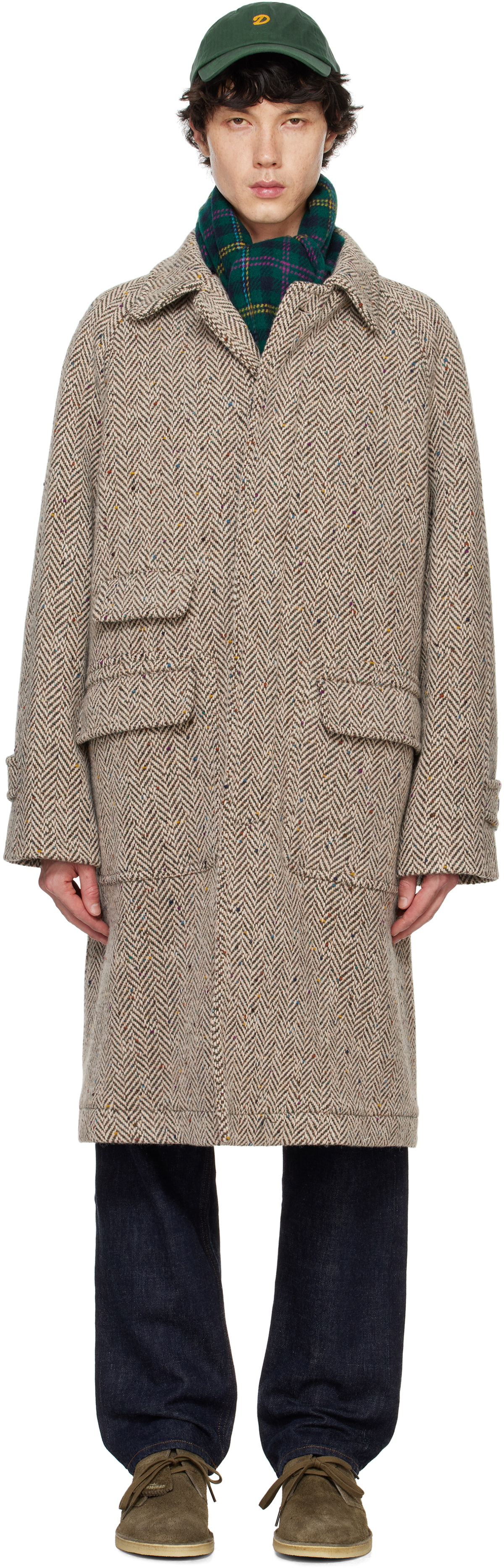 Drake's Beige Herringbone Wool Raglan Coat Drake's