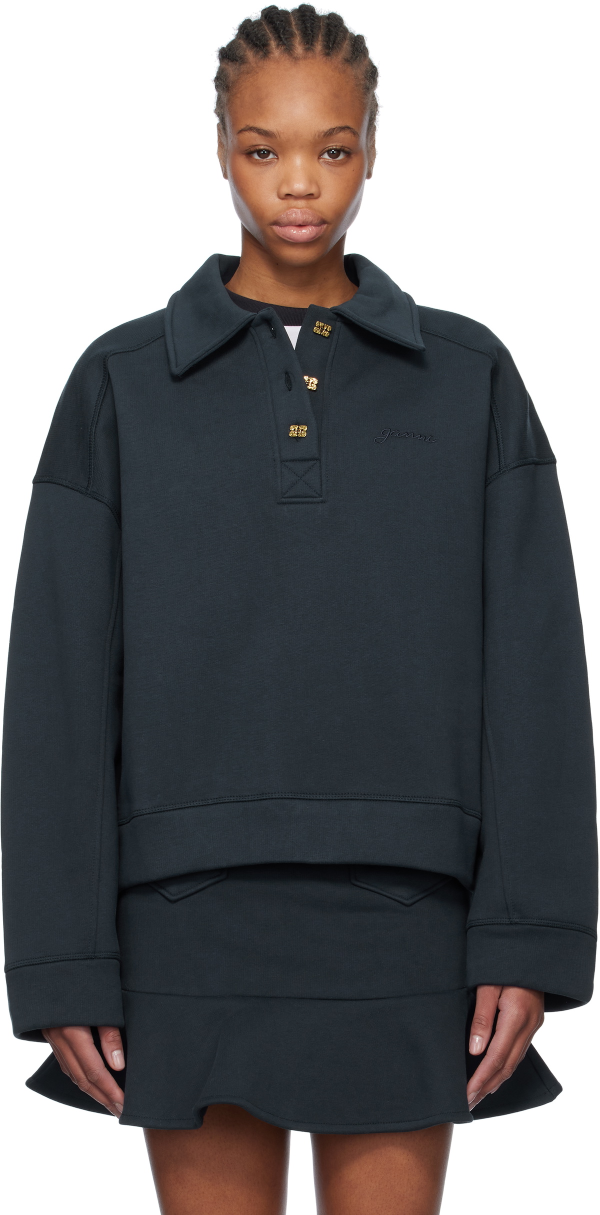 GANNI Navy Drop Shoulder Polo GANNI