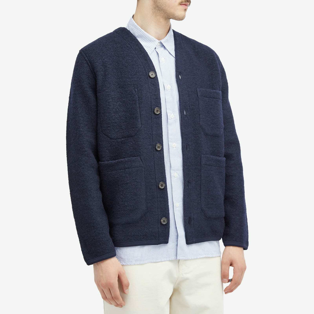 Universal Works Men's Wool Fleece Cardigan in Navy Universal Works