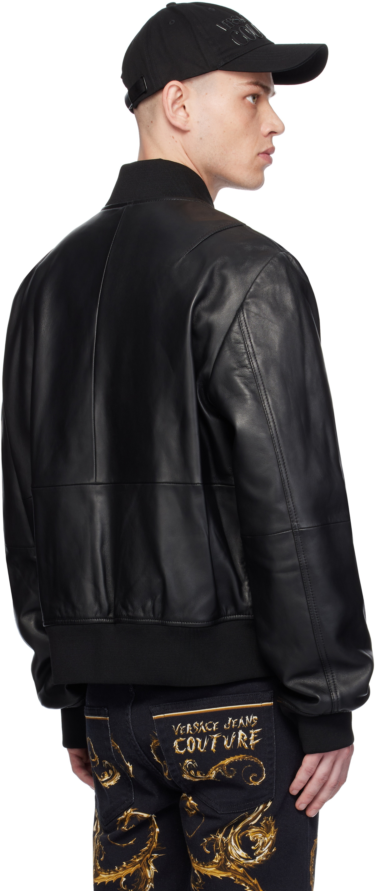 Versace Jeans Couture Black V Emblem Leather Jacket Versace