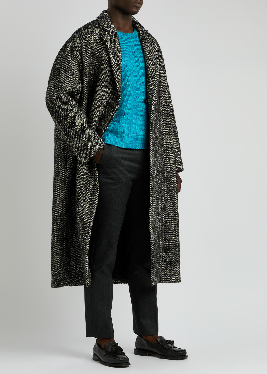 Valentino Chevron Wool-blend Coat Black And White Valentino