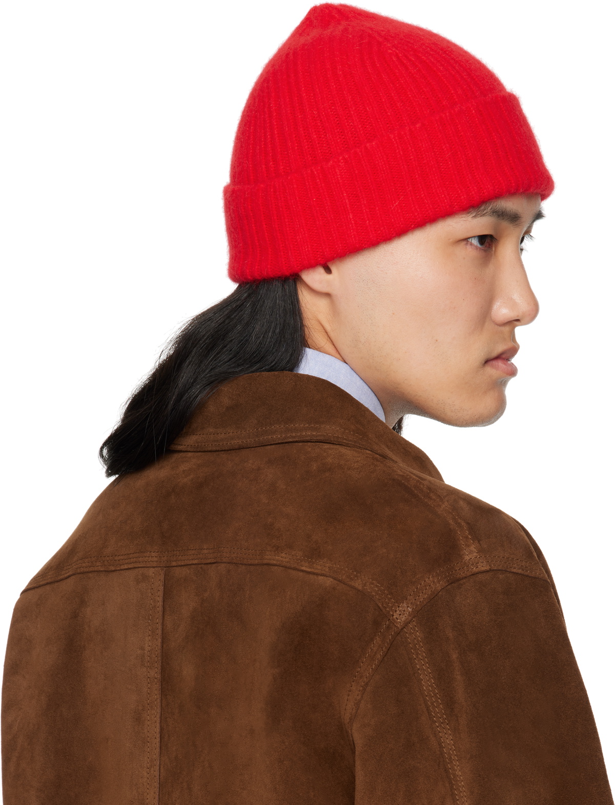 Drake's Red Angora Lambswool Ribbed Knit Beanie Drake's