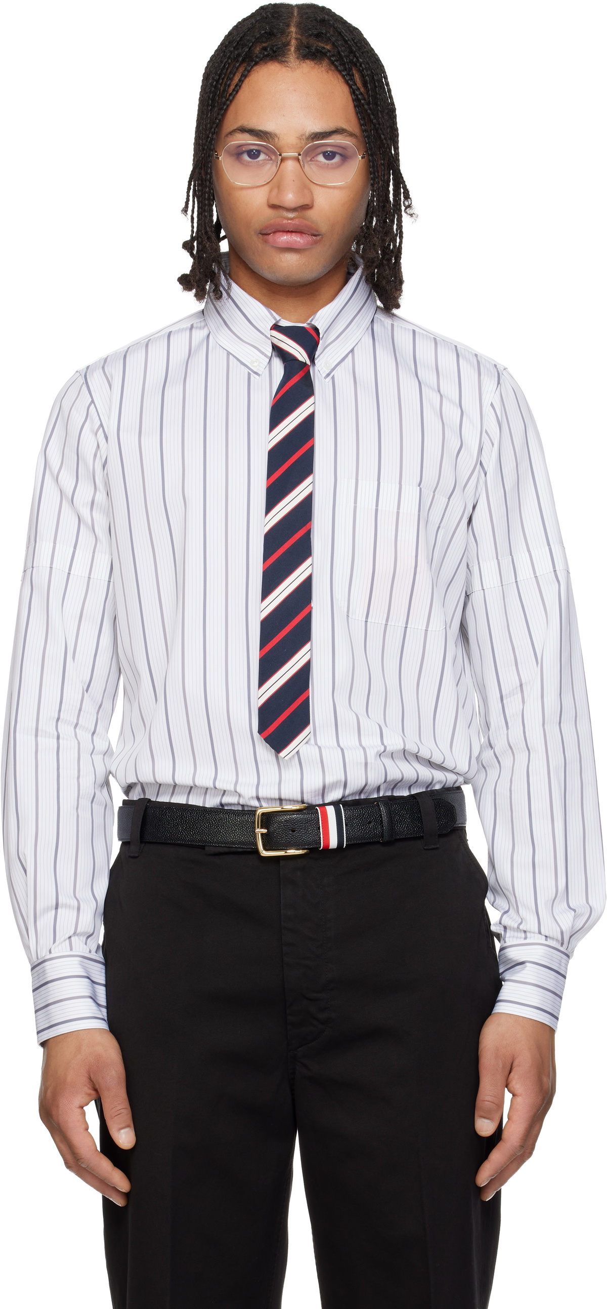 Thom Browne Gray & White Straight Fit Pop Over Self Armband Shirt Thom ...