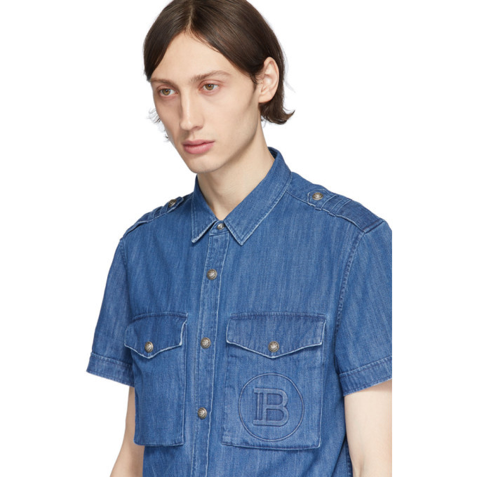 Balmain Blue Denim Embossed Logo Short Sleeve Shirt Balmain