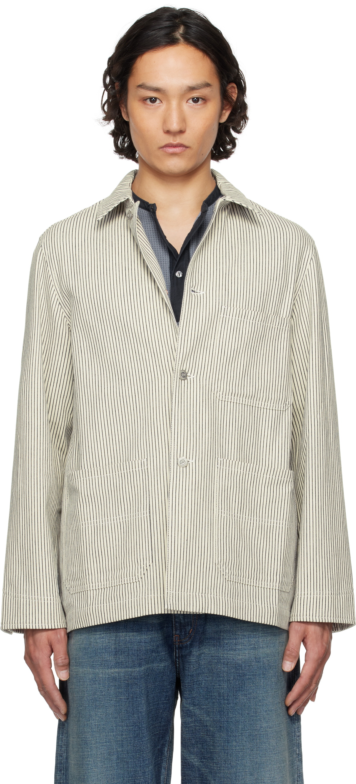 Drake's Off-White & Navy Stripe Cotton Stoker Jacket Drake's