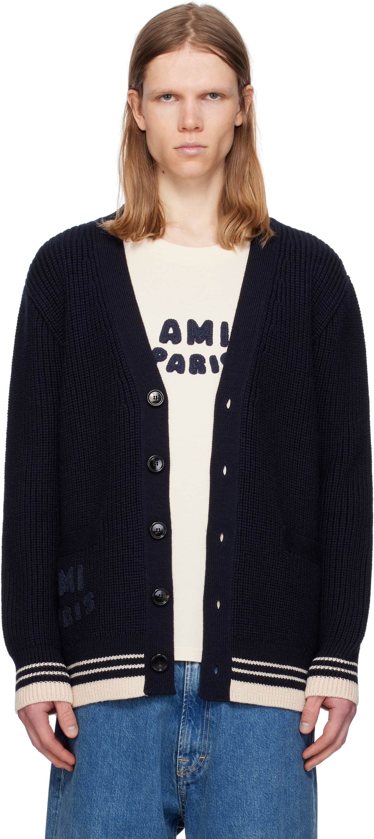 AMI Paris Navy Wool Ribbed Cardigan AMI