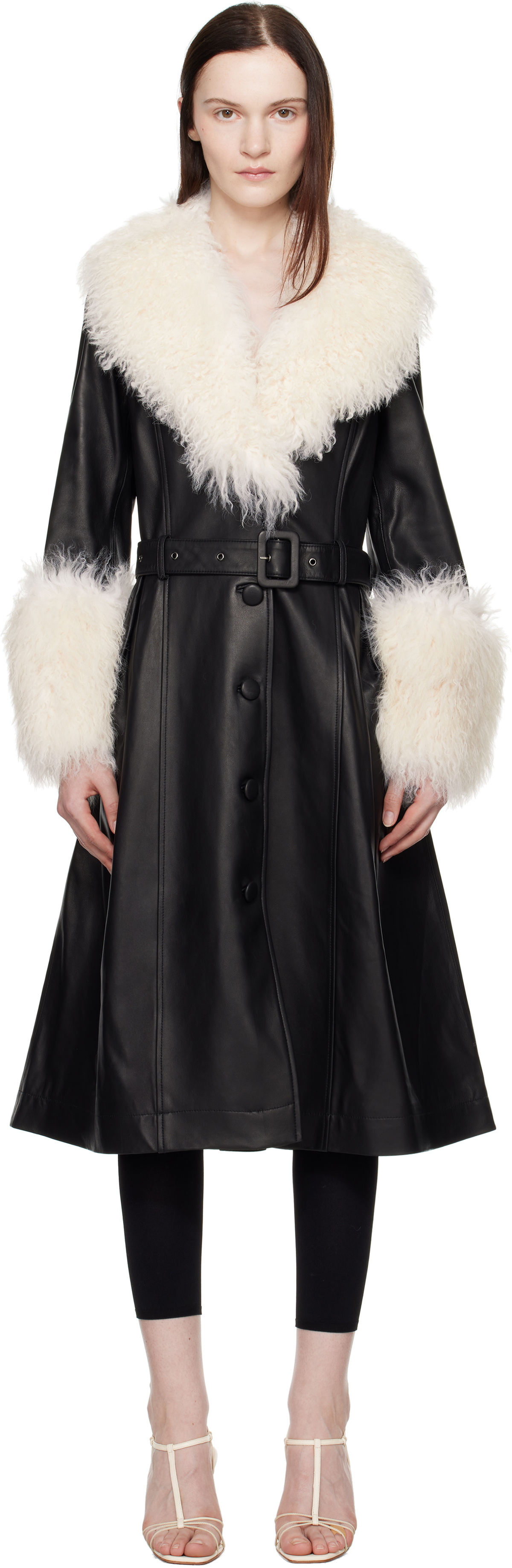 Saks Potts Black & Off-White Foxy Shearling Coat Saks Potts