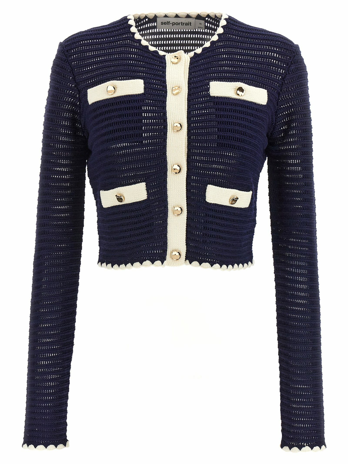 self-portrait navy Crochet Contrast Trim Cardigan Self-Portrait