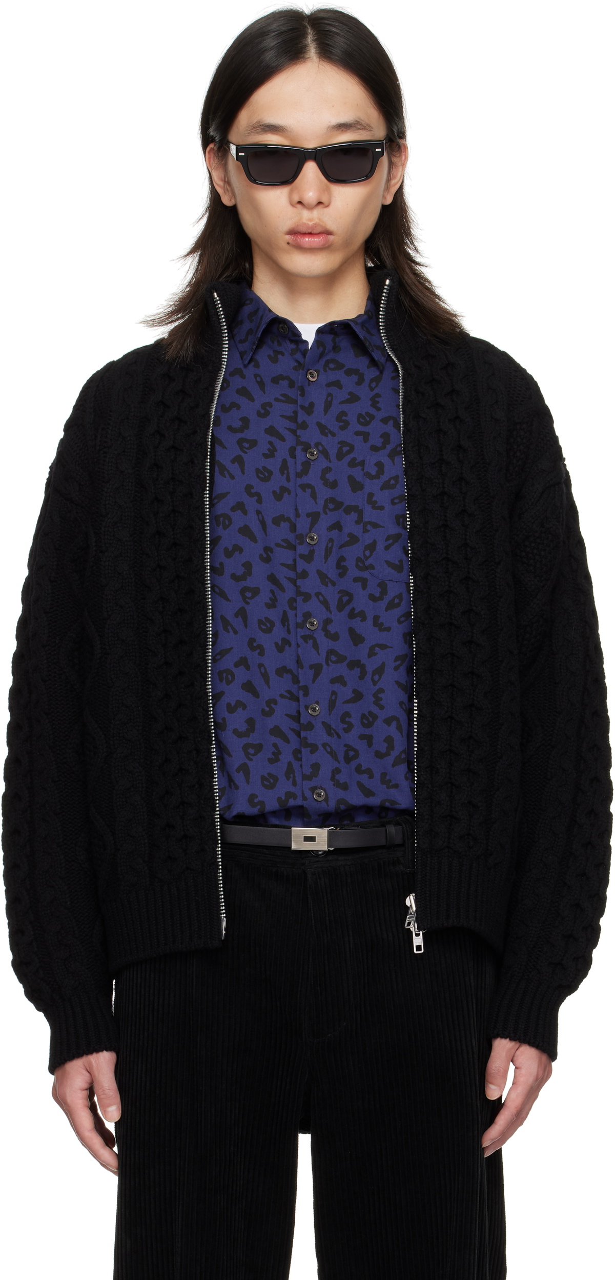 vowels Black Cable Knit Zip Up Sweater
