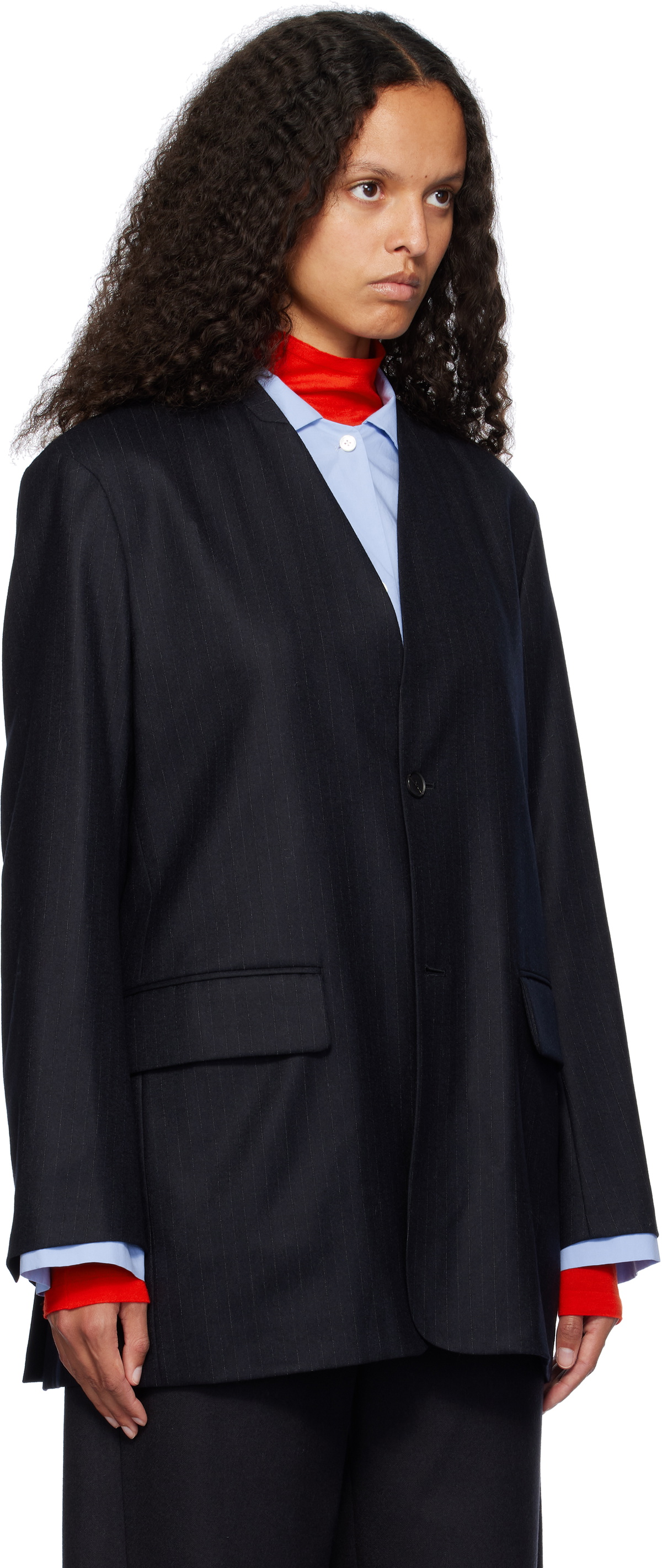 AURALEE Navy Wool Fulling Flannel Stripe Blazer Auralee