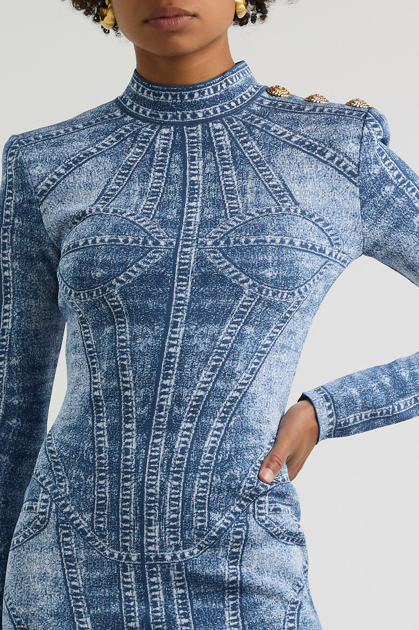 Balmain Denim-intarsia Knitted Mini Dress Balmain