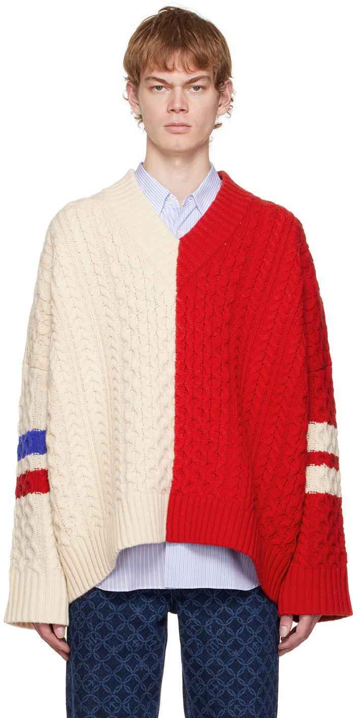 Charles Jeffrey Loverboy Off-White & Red College Cricket Sweater ...