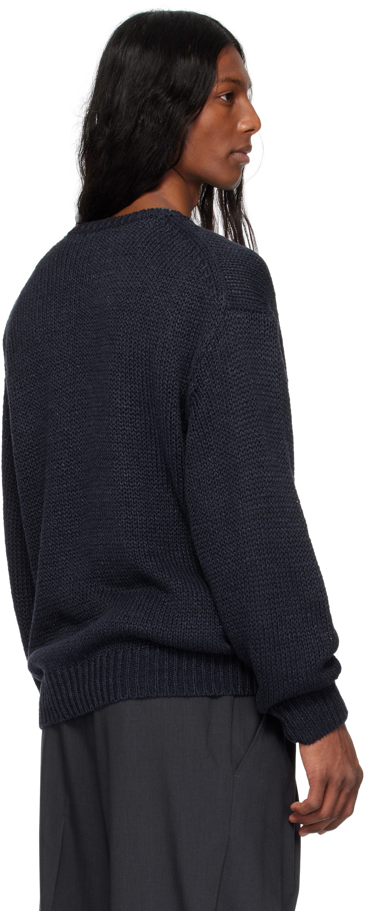 YLÈVE Navy European Linen Silk Basque Knit Sweater YLÈVE