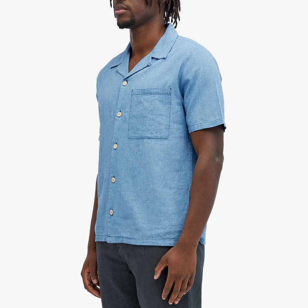 Folk Men's Short Sleeve Soft Collar Shirt in Light Indigo Folk