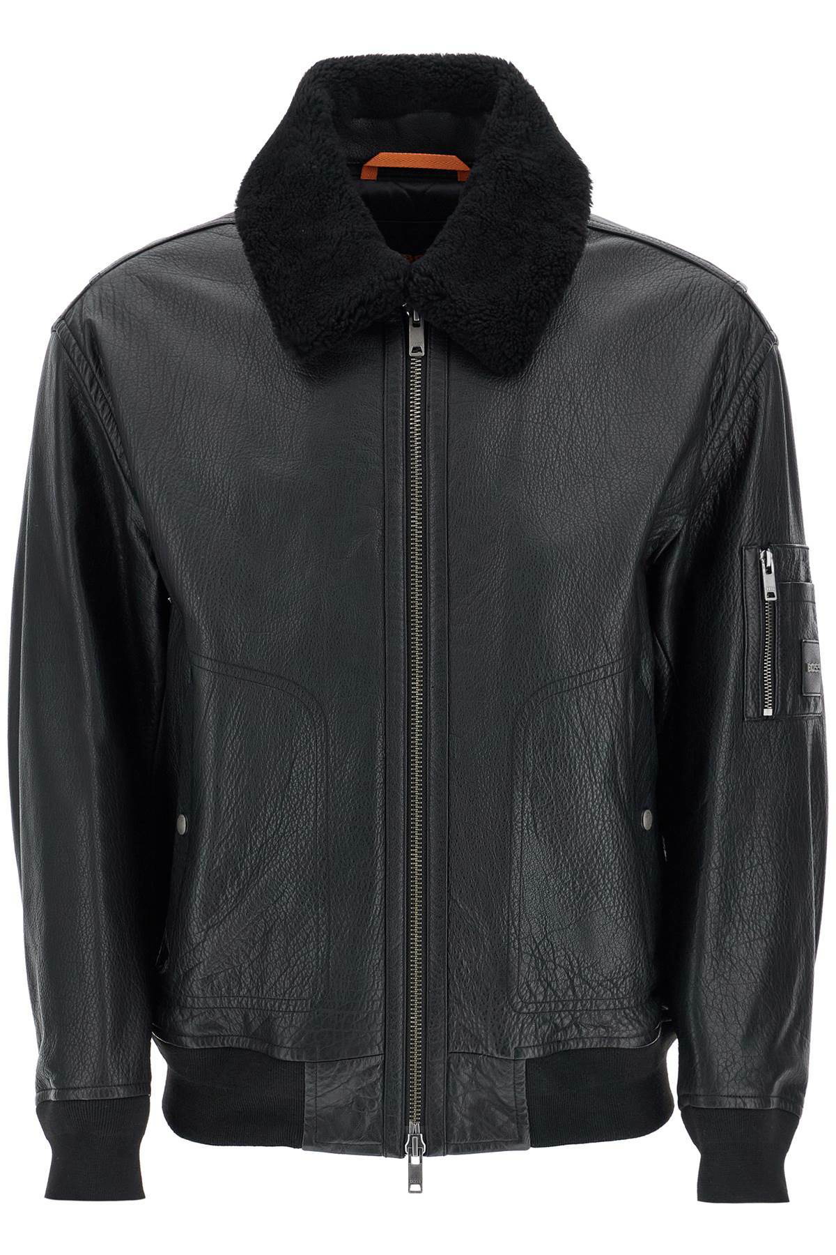 BOSS men's black leather jacket with high collar regular fit zip Black BOSS