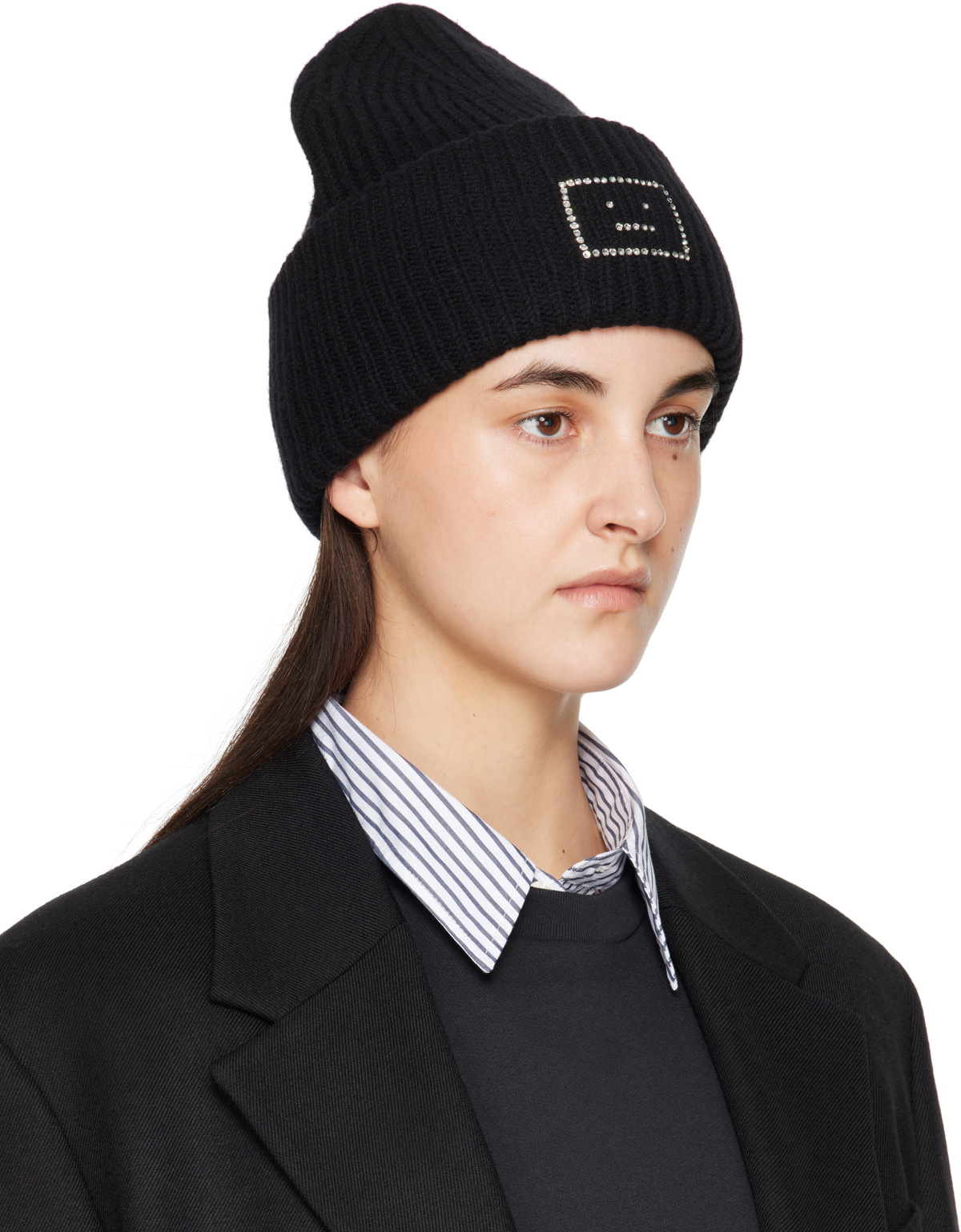 Acne Studios Black Embellished Face Logo Beanie Acne Studios