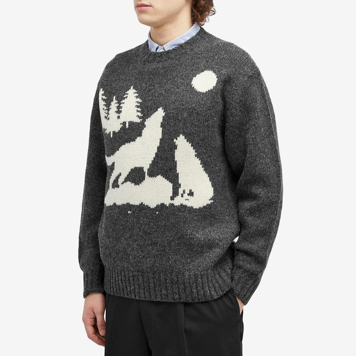 Beams Plus Men's Intarsia Wolf Jumper in Charcoal Beams Plus