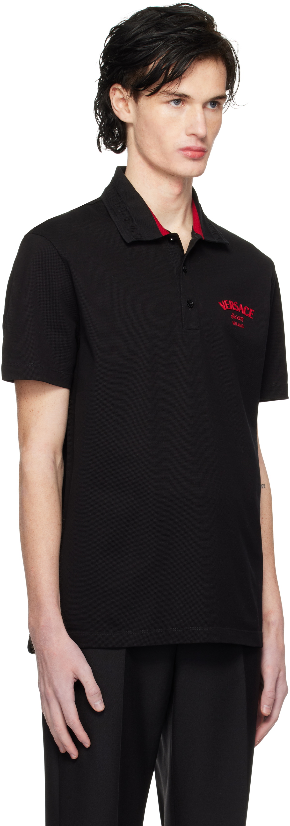 Versace Black Embroidered 'Versace Milano' Stamp Polo Versace