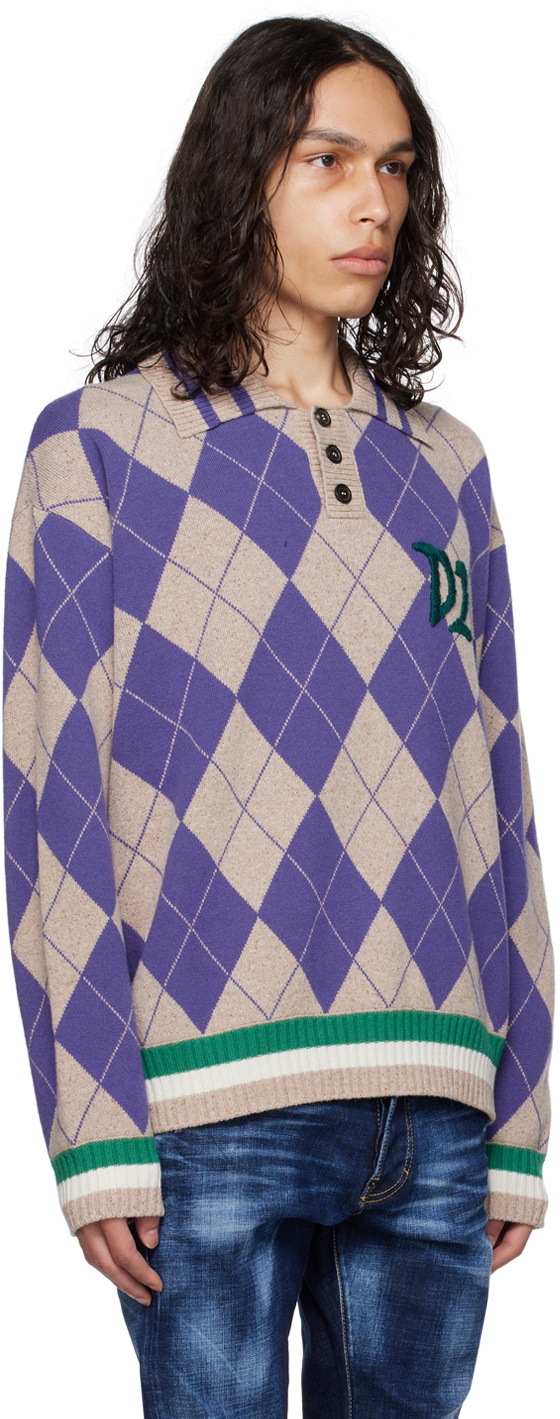 Dsquared2 Beige & Purple Argyle Polo Dsquared2