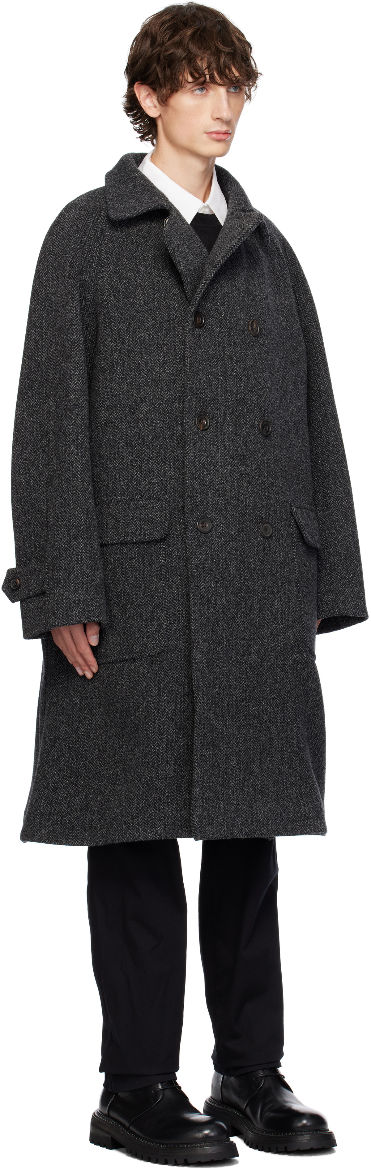 Drake's Gray Herringbone Wool Double-Breasted Raglan Coat Drake's