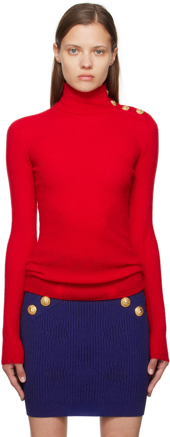 Balmain Red Buttoned Turtleneck Balmain