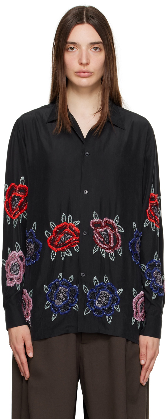 Bode Black Beaded Poppy Shirt Bode