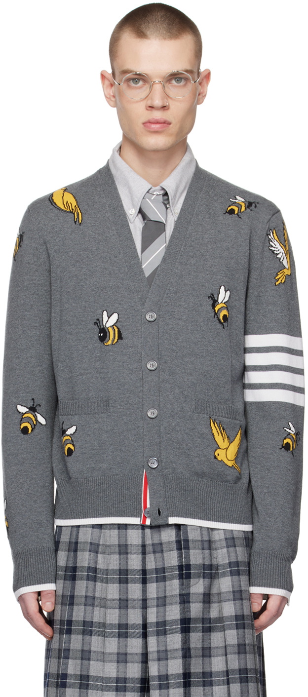 Thom Browne Gray Intarsia Cardigan Thom Browne