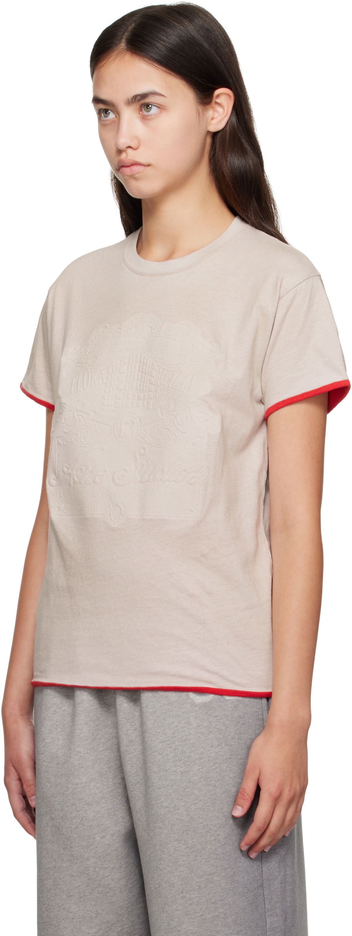 Acne Studios Beige & Red Embossed Logo T-shirt Acne Studios
