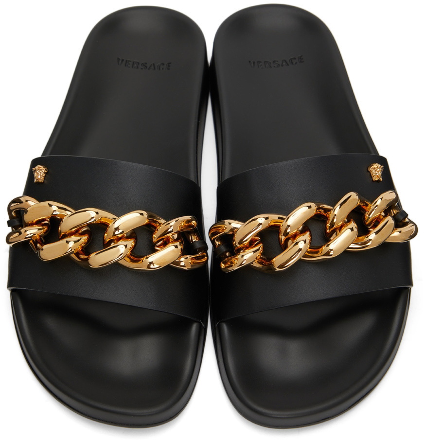 Versace Black Leather Medusa Chain Slides Versace
