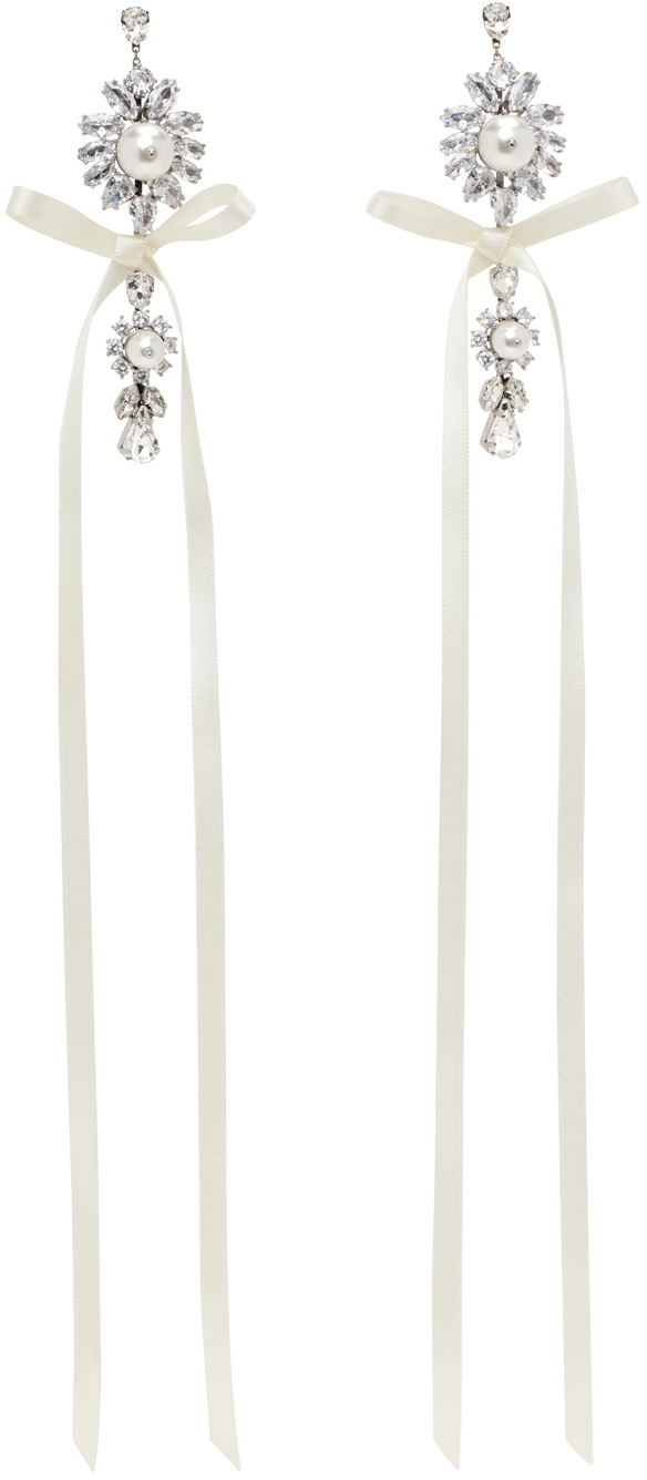 Simone Rocha Silver & Off-White Long Crystal Crest Bow Earrings Simone ...