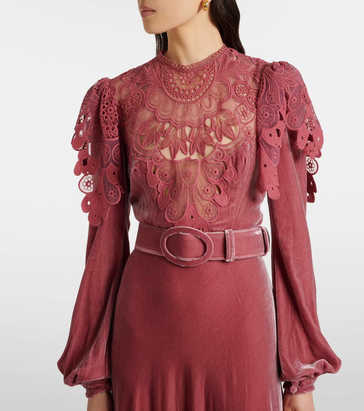 Costarellos Ashley lace-trimmed velvet gown Costarellos