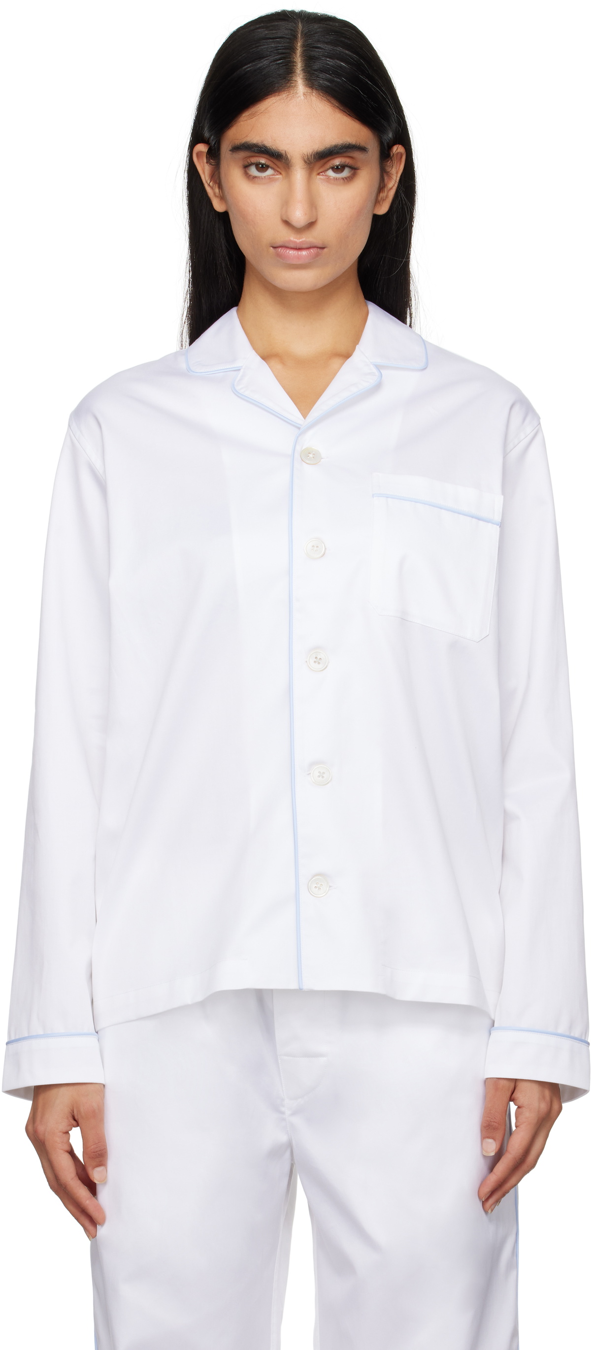 Tekla White Sateen Long-Sleeved Pyjama Shirt Tekla Fabrics