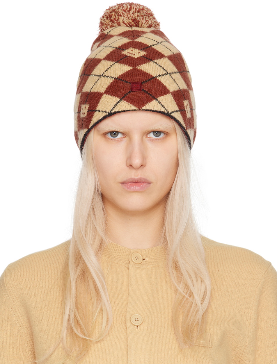 Acne Studios Beige & Brown Argyle Jacquard Beanie Acne Studios