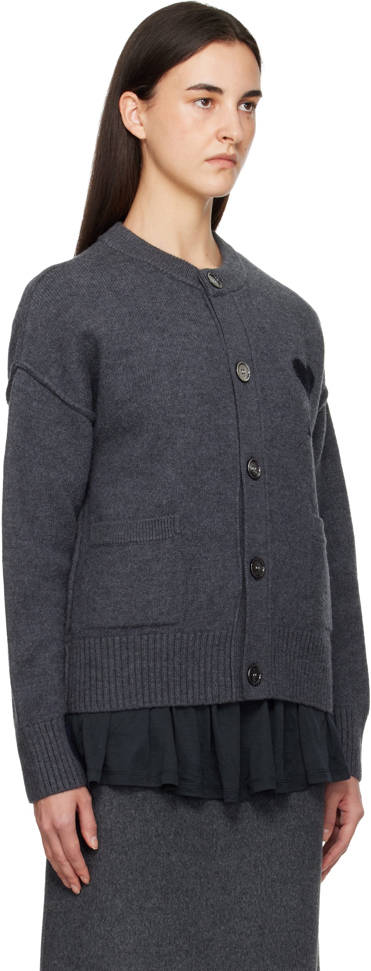 AMI Paris Gray Felted Merino Wool Knit Ami de Coeur Cardigan AMI
