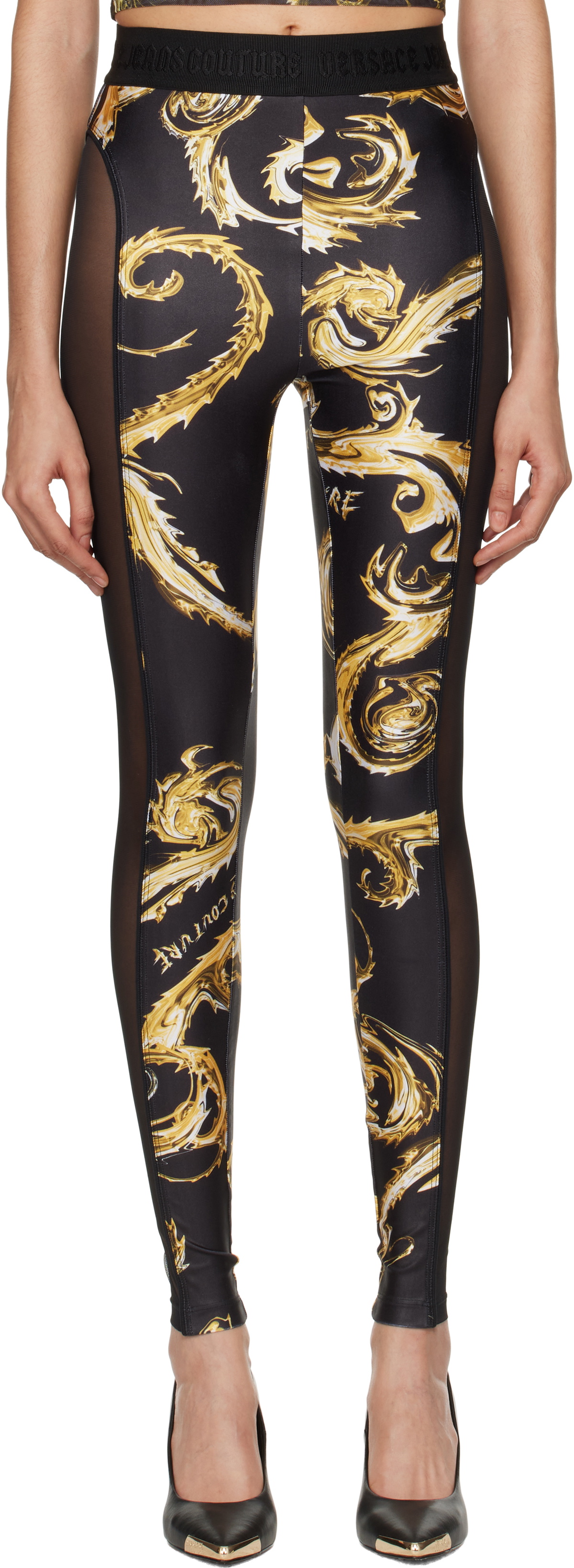 Versace Jeans Couture Black Chromo Couture Mesh Paneled Leggings Versace