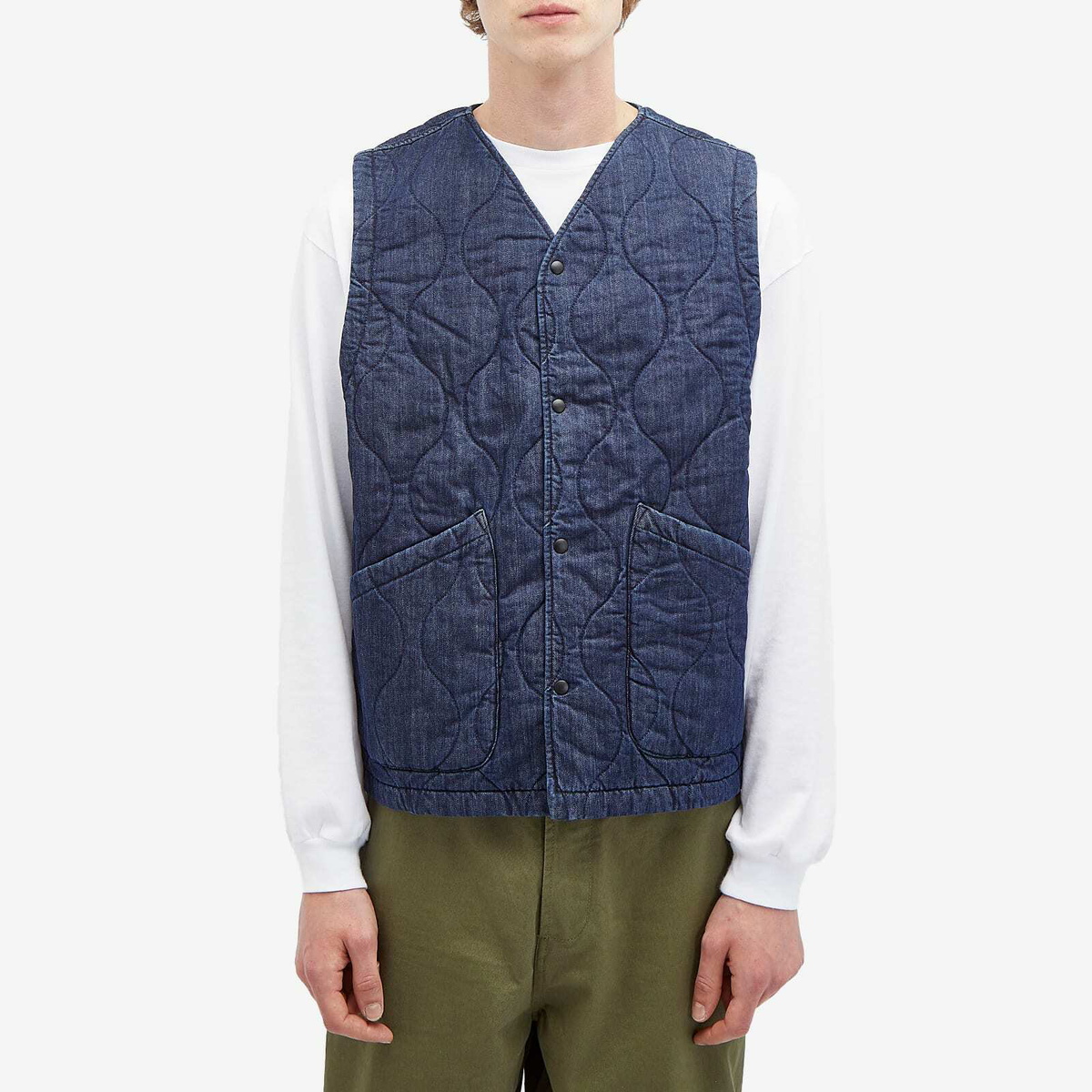 Universal Works Men's Quilted Denim Weekend Gilet in Indigo Universal Works